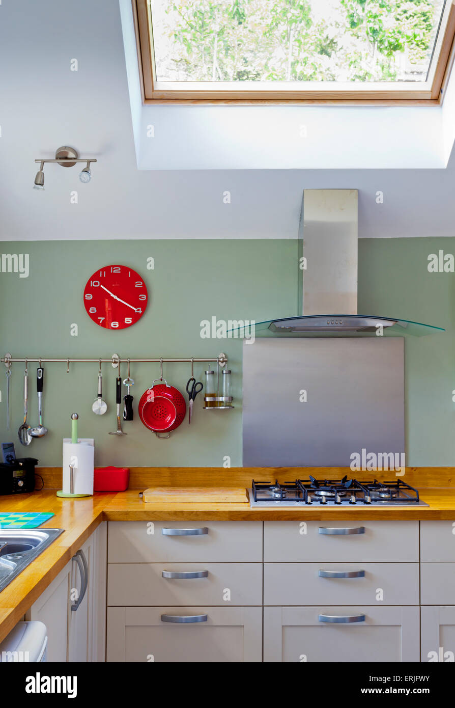 Interior view of contemporary modern style domestic kitchen with cream ...