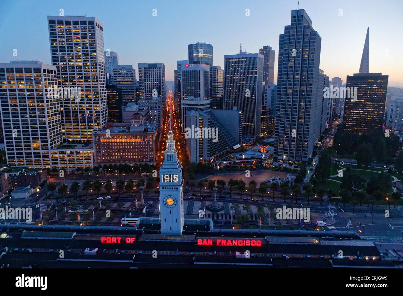 Aerial view over San Francisco Ferry Building on the Embarcadero at ...