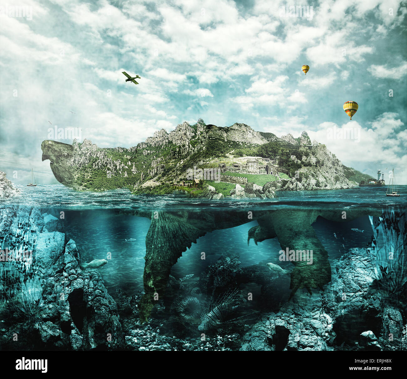 Huge turtle in ocean overgrown forests and mountains to the village and ...