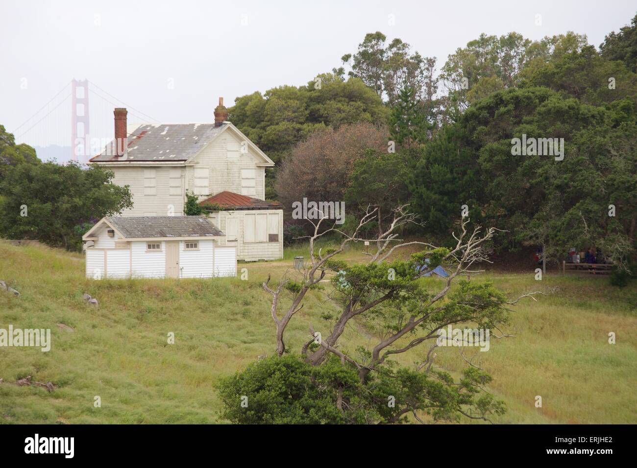 Vacant military buildings on Angel Island in San Francisco Bay with the ...