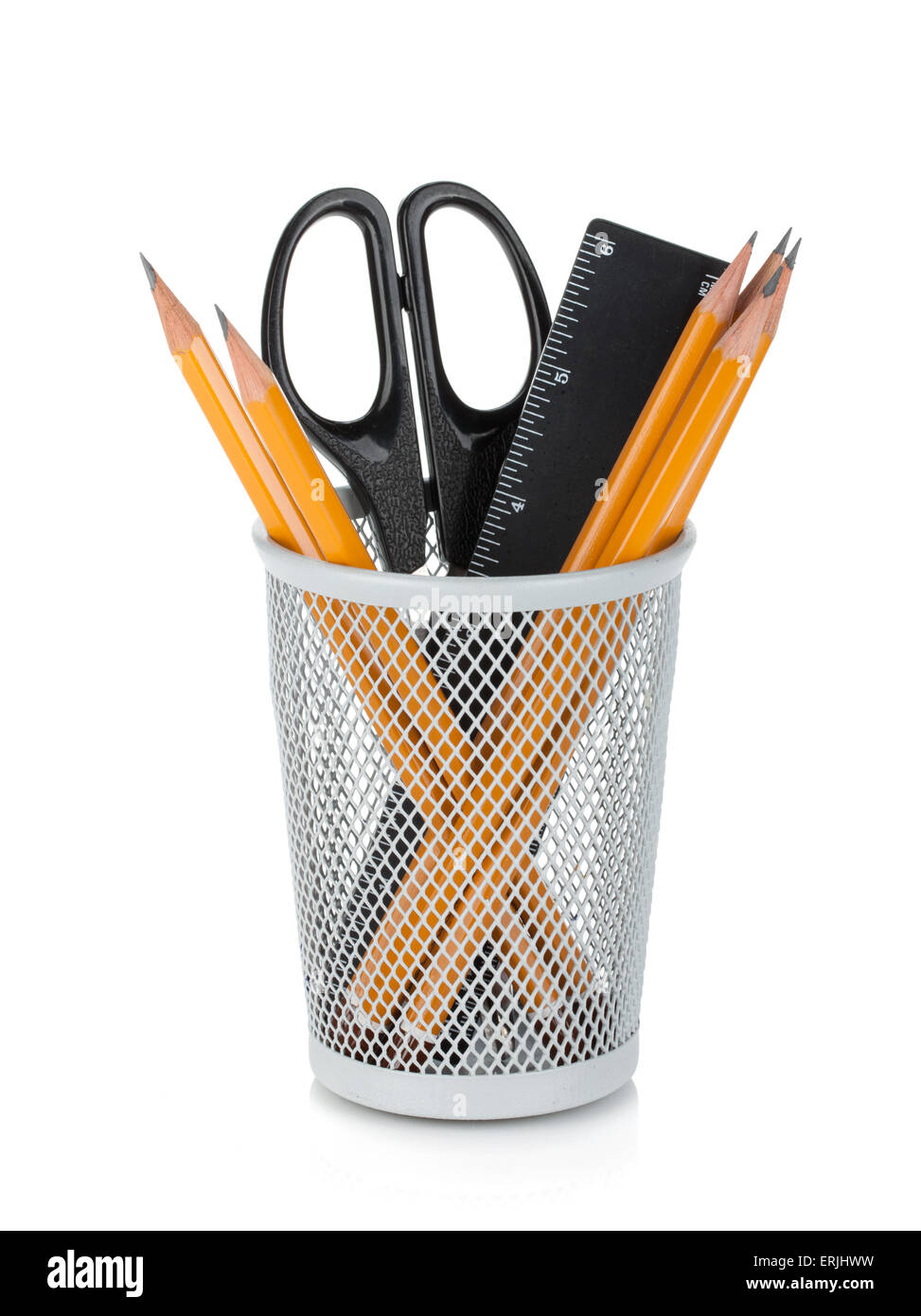 Pencils, ruler and scissors in holder. Isolated on white background ...
