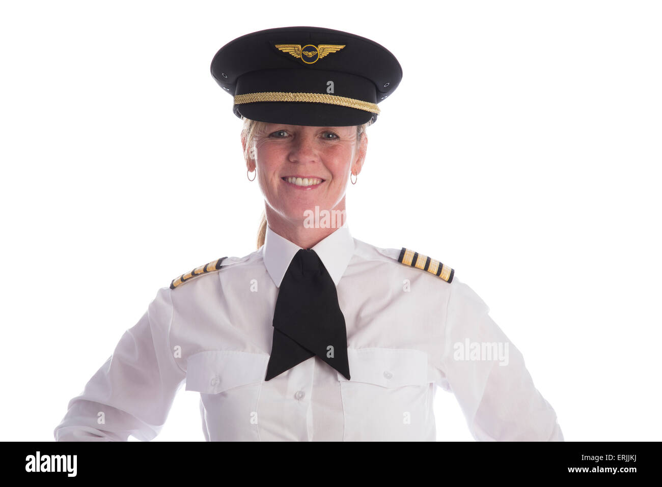 Female senior pilot in uniform and wearing her hat and a cravat Stock ...