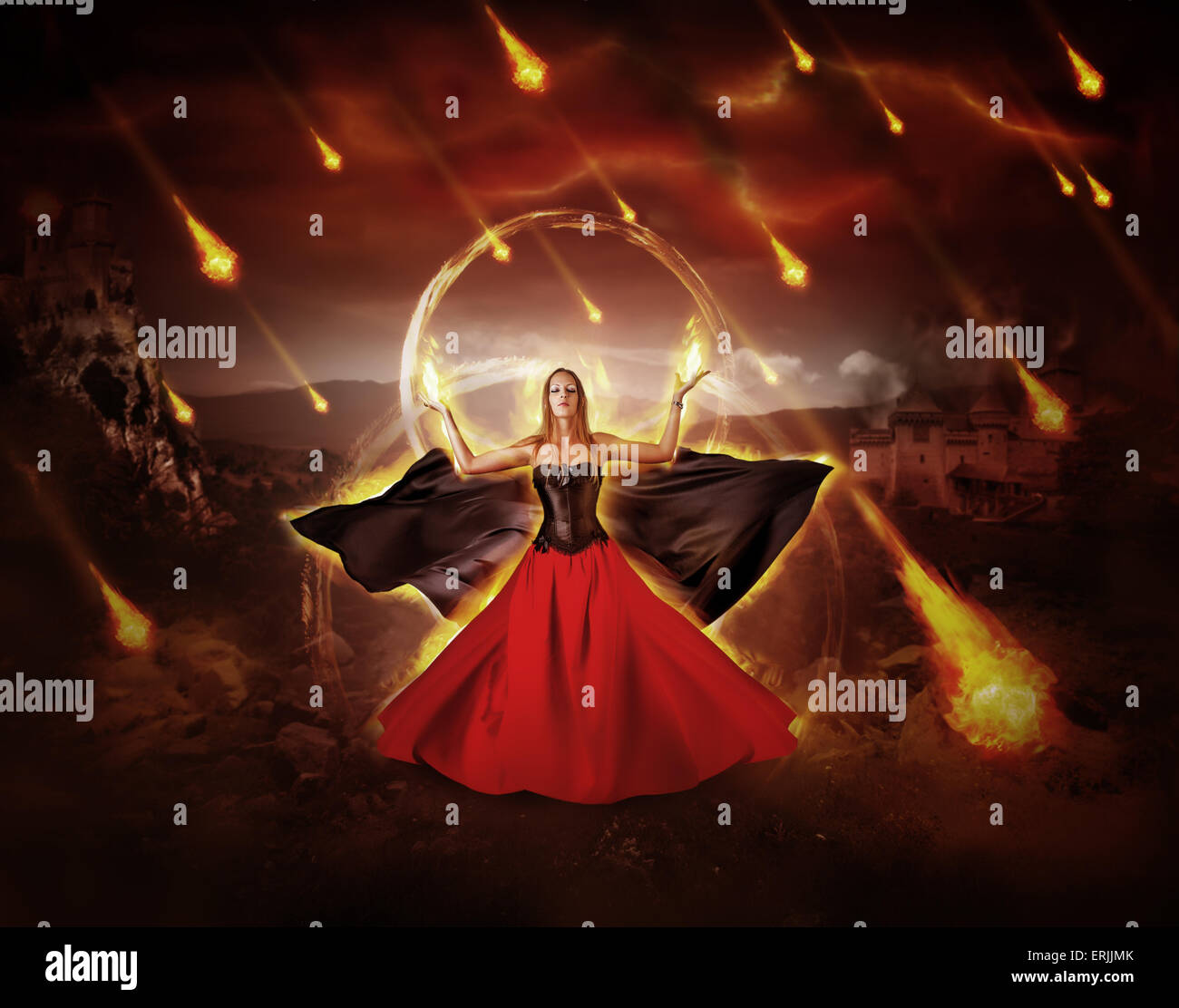 woman fire mage in medieval dress with developing mantle conjured fiery ...