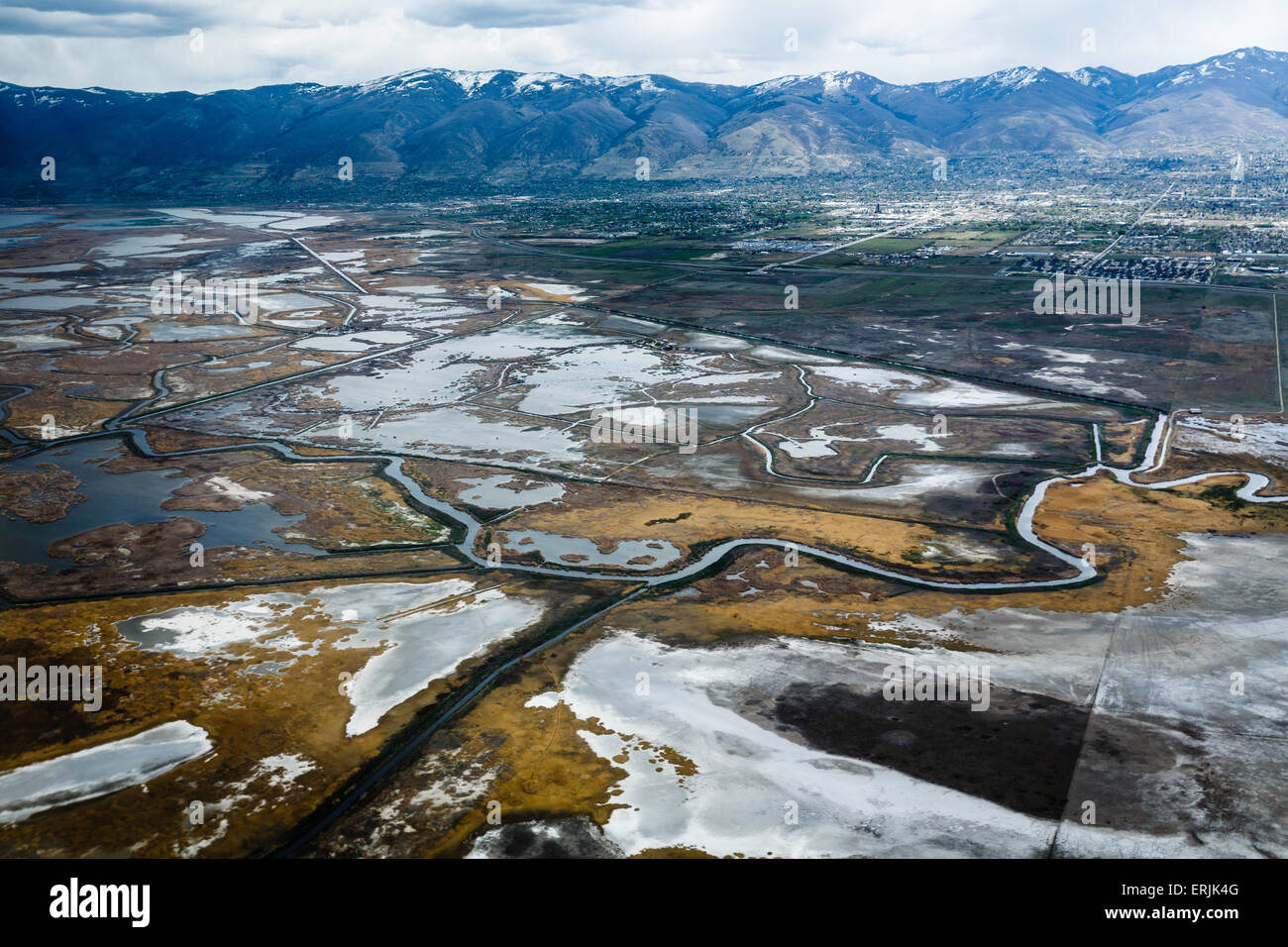 Aerial view of ponds and canals near Salt Lake City, Utah rimmed by ...