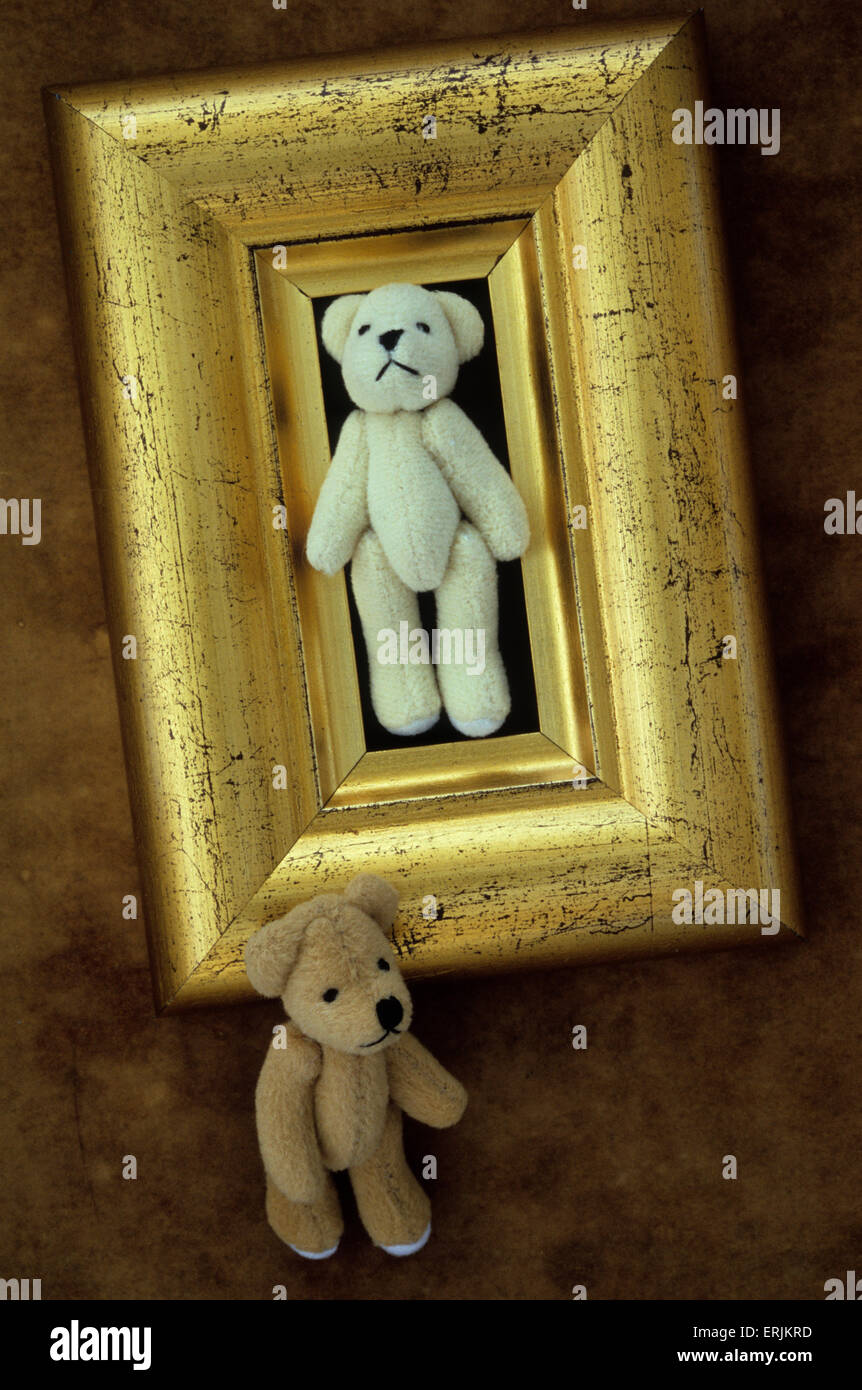 Golden frame containing model of furry white teddy bear walking out of ...