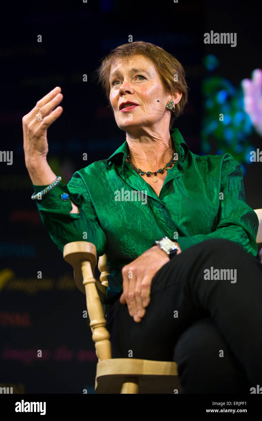 Celia Imrie author & actress speaking on stage at Hay Festival 2015 ...