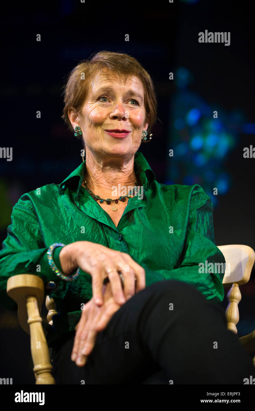 Celia Imrie author & actress speaking on stage at Hay Festival 2015 ...