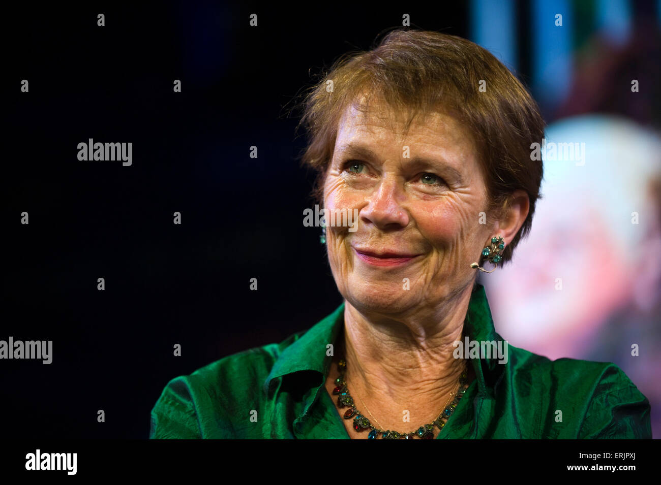 Celia Imrie author & actress speaking on stage at Hay Festival 2015 ...