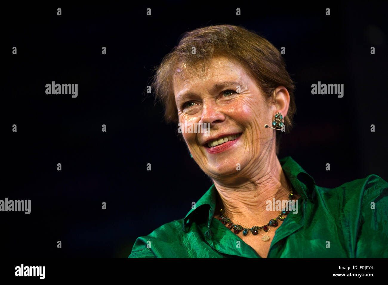 Celia Imrie author & actress speaking on stage at Hay Festival 2015 ...