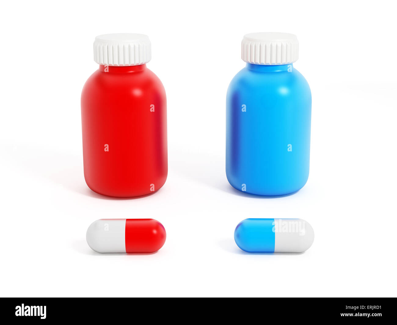 Blue and red pills with medicine bottles isolated on white background ...