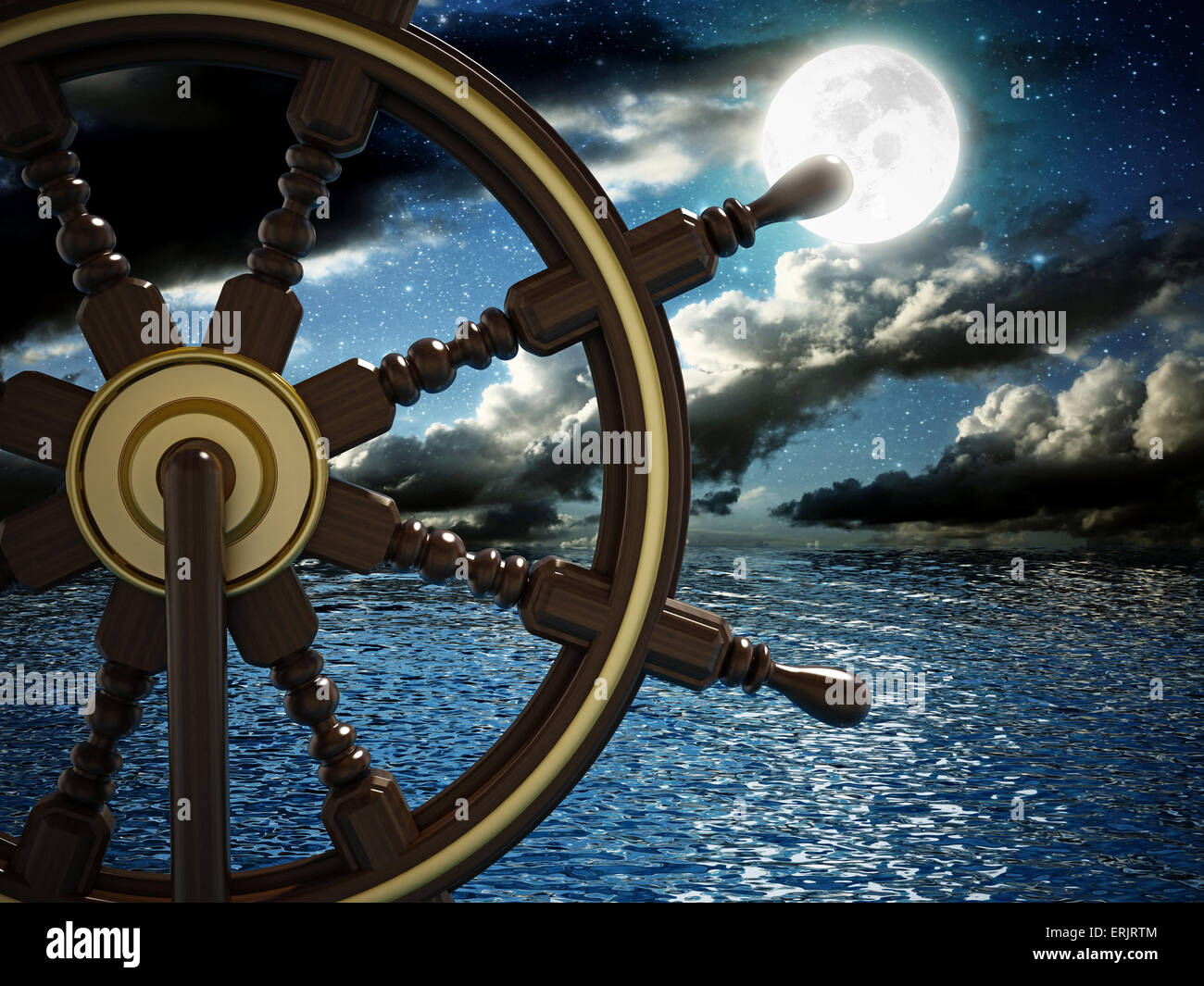 Ship wheel on sea night background Stock Photo - Alamy