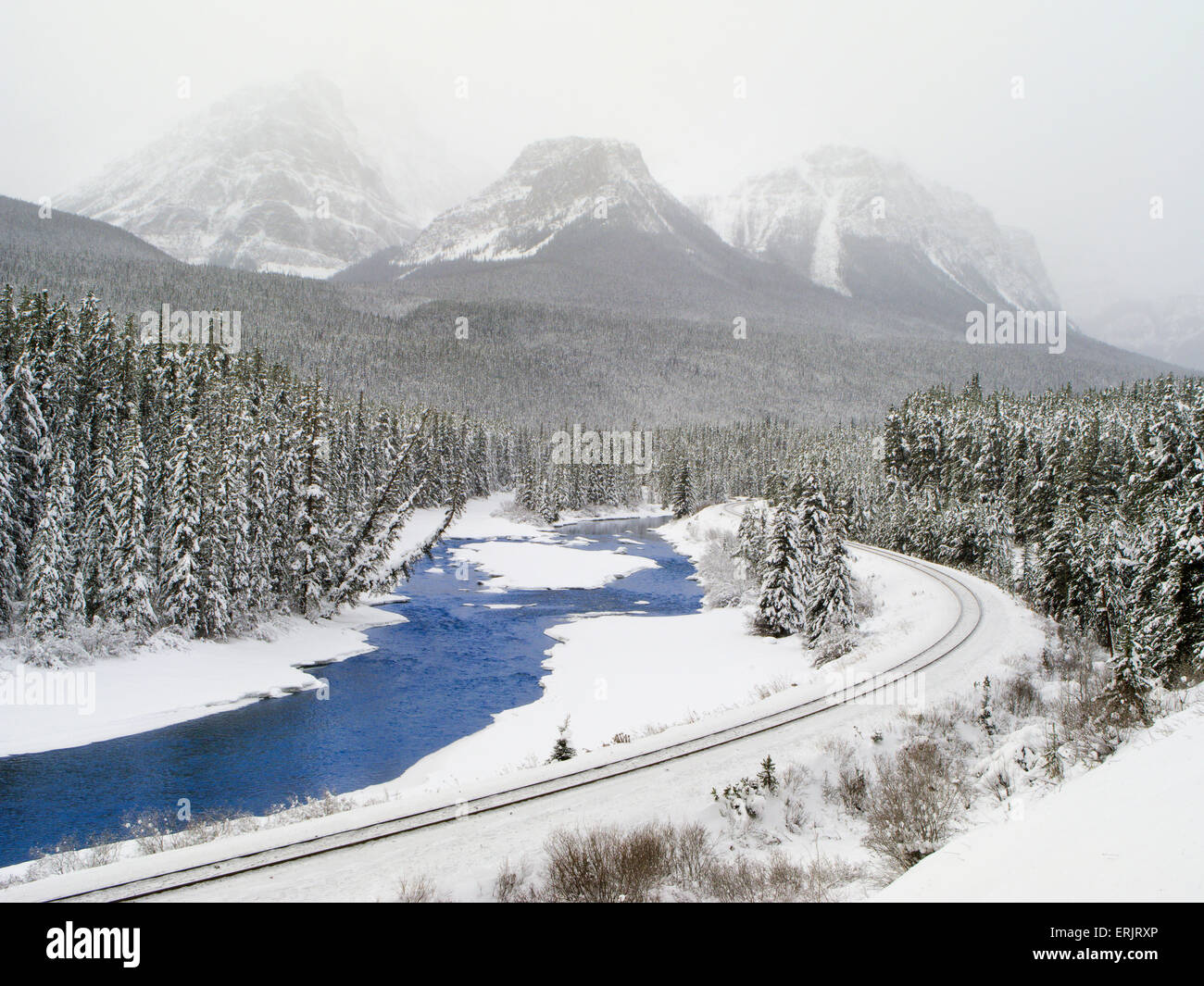 Railroad Tracks At Morant's Curve Along The Bow River, Banff National ...