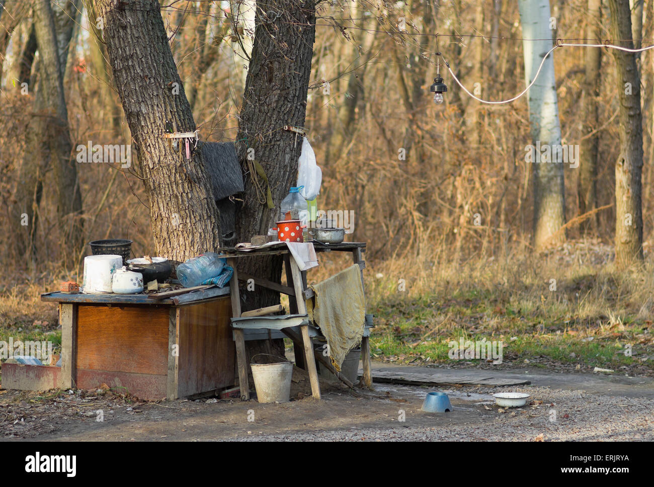 Summer (outdoor) kitchen of homeless Stock Photo - Alamy