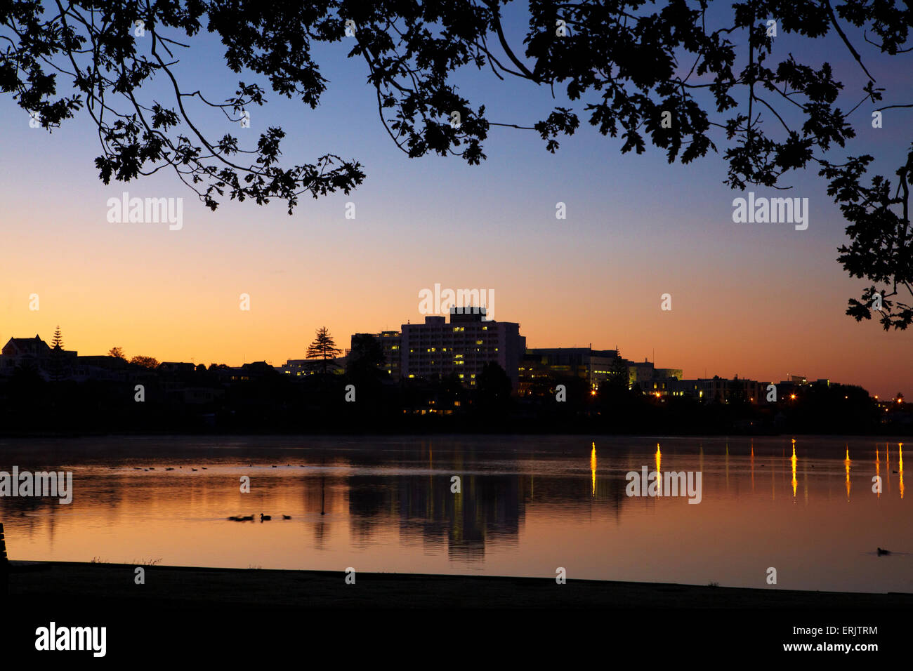Waikato Hospital reflected in Lake Rotoroa at dawn, Hamilton, Waikato ...