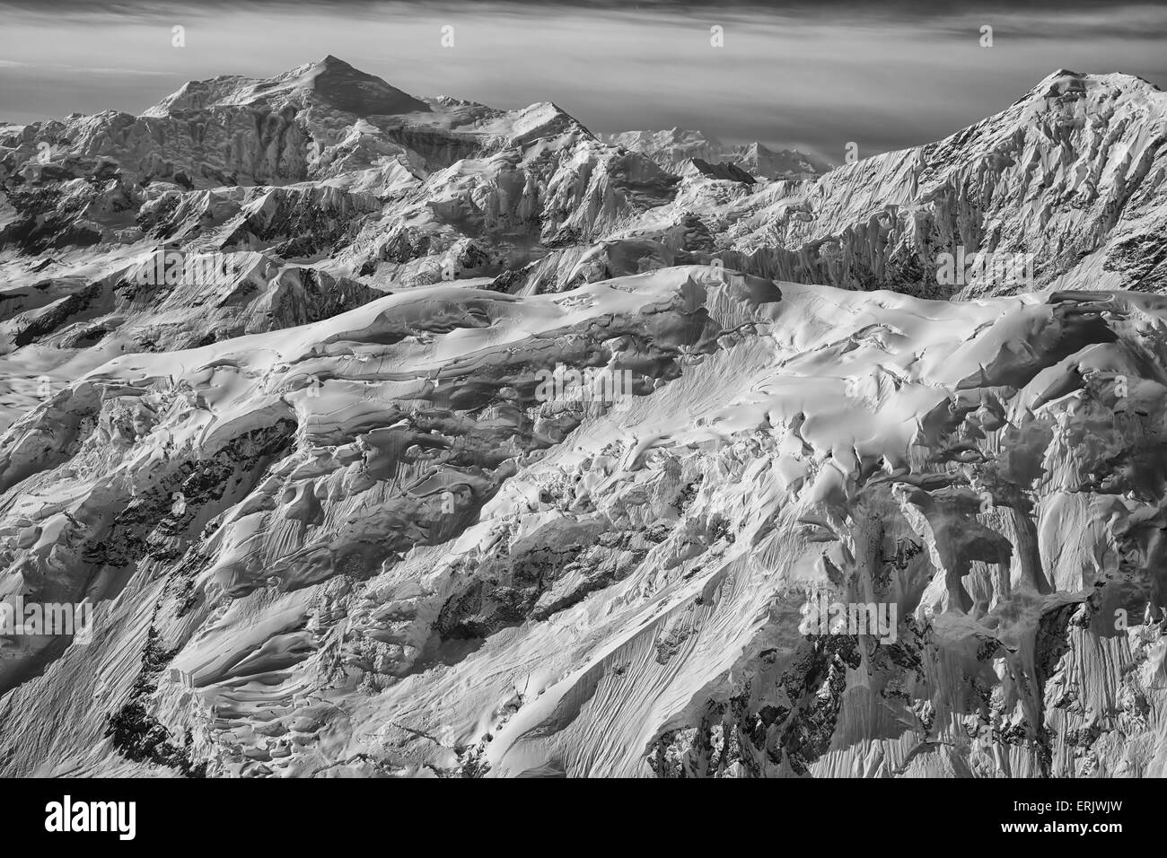Black and white aerial view of the mountains and icefields in Kluane ...