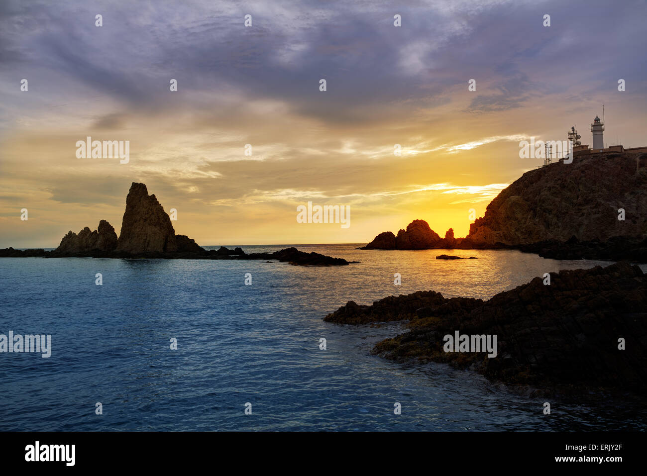 Almeria Cabo de Gata lighthouse sunset in Mediterranean sea of Spain ...