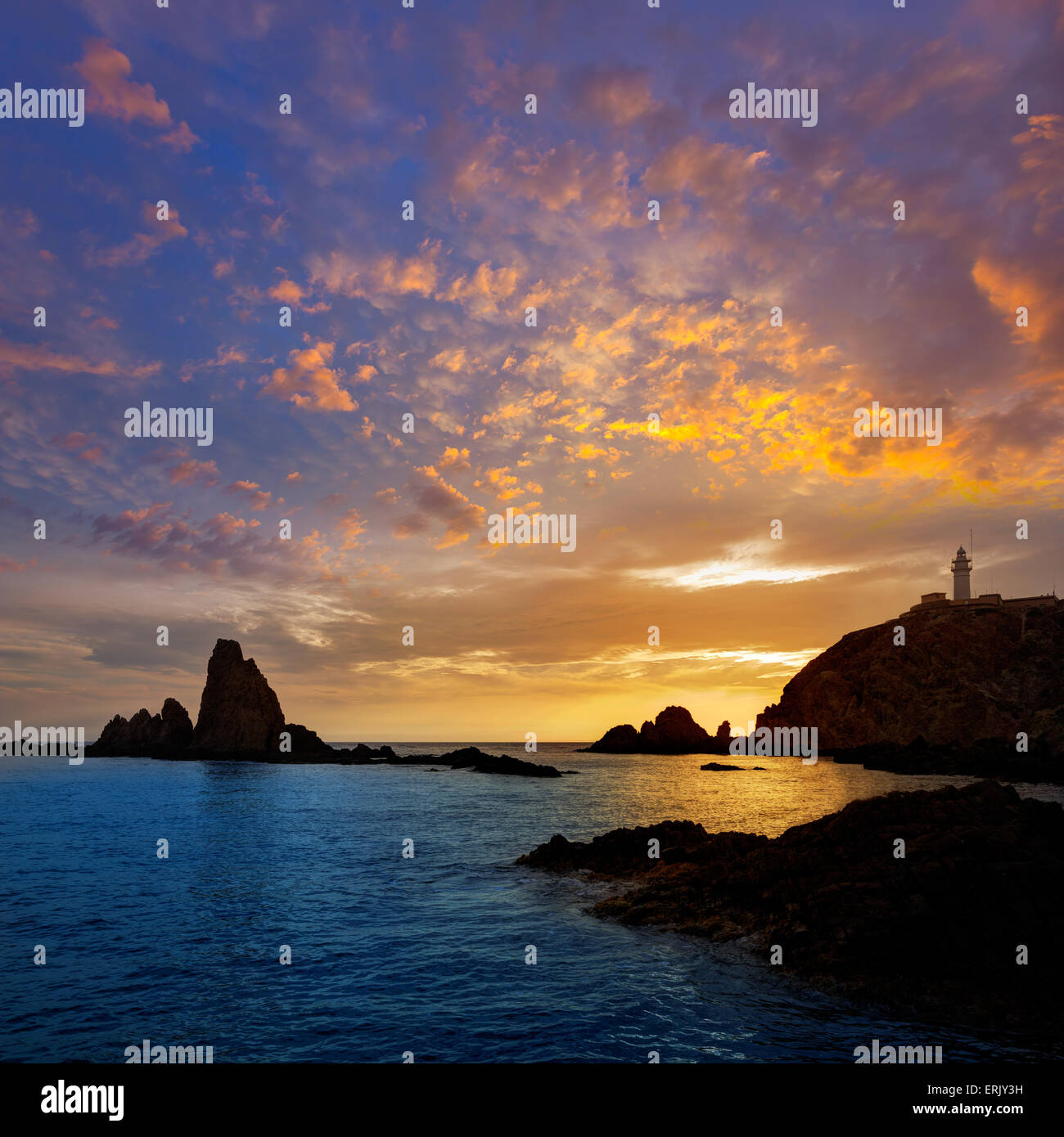 Almeria Cabo de Gata lighthouse sunset in Mediterranean sea of Spain ...