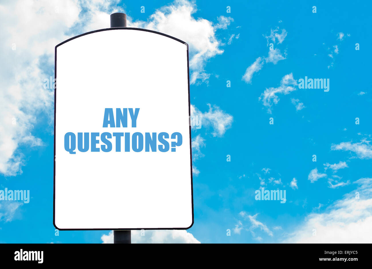 Any Questions? written on white road sign isolated over clear blue sky ...