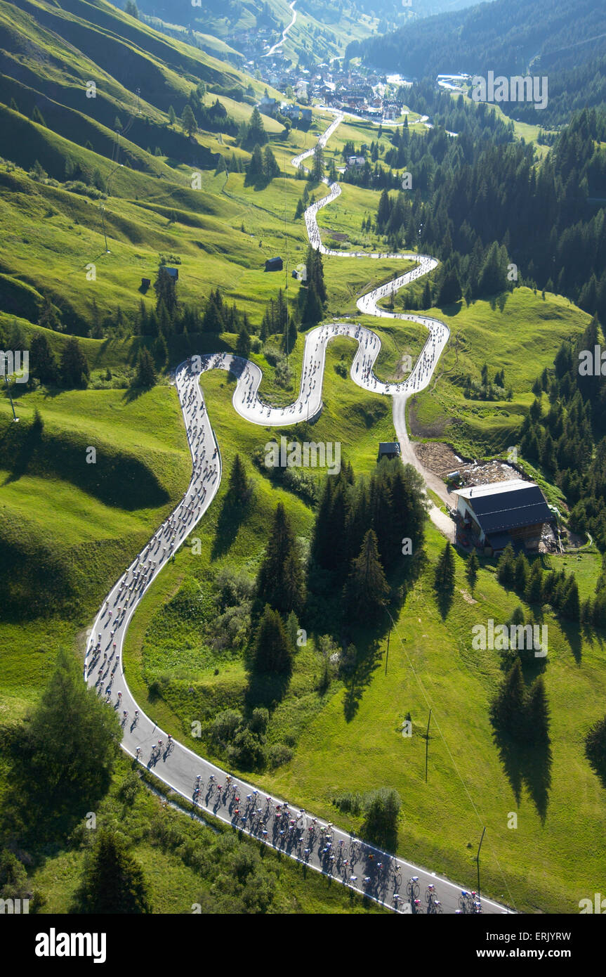 Aerial view of the road up to Passo Pordoi (2239 m), the second pass of ...