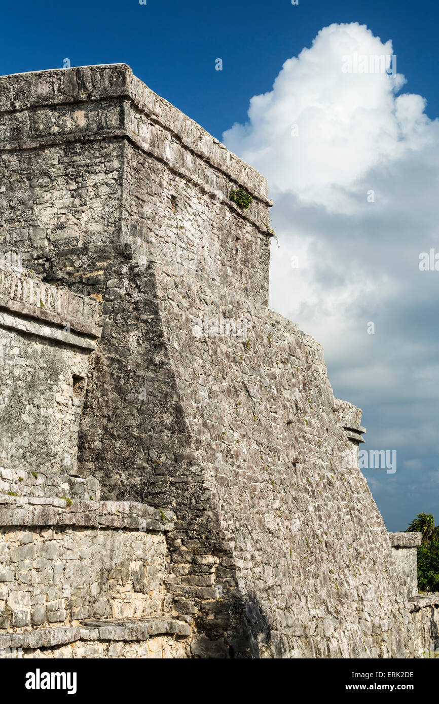 Ancient Mayan Temple back wall with blue sky and clouds; Tulum ...