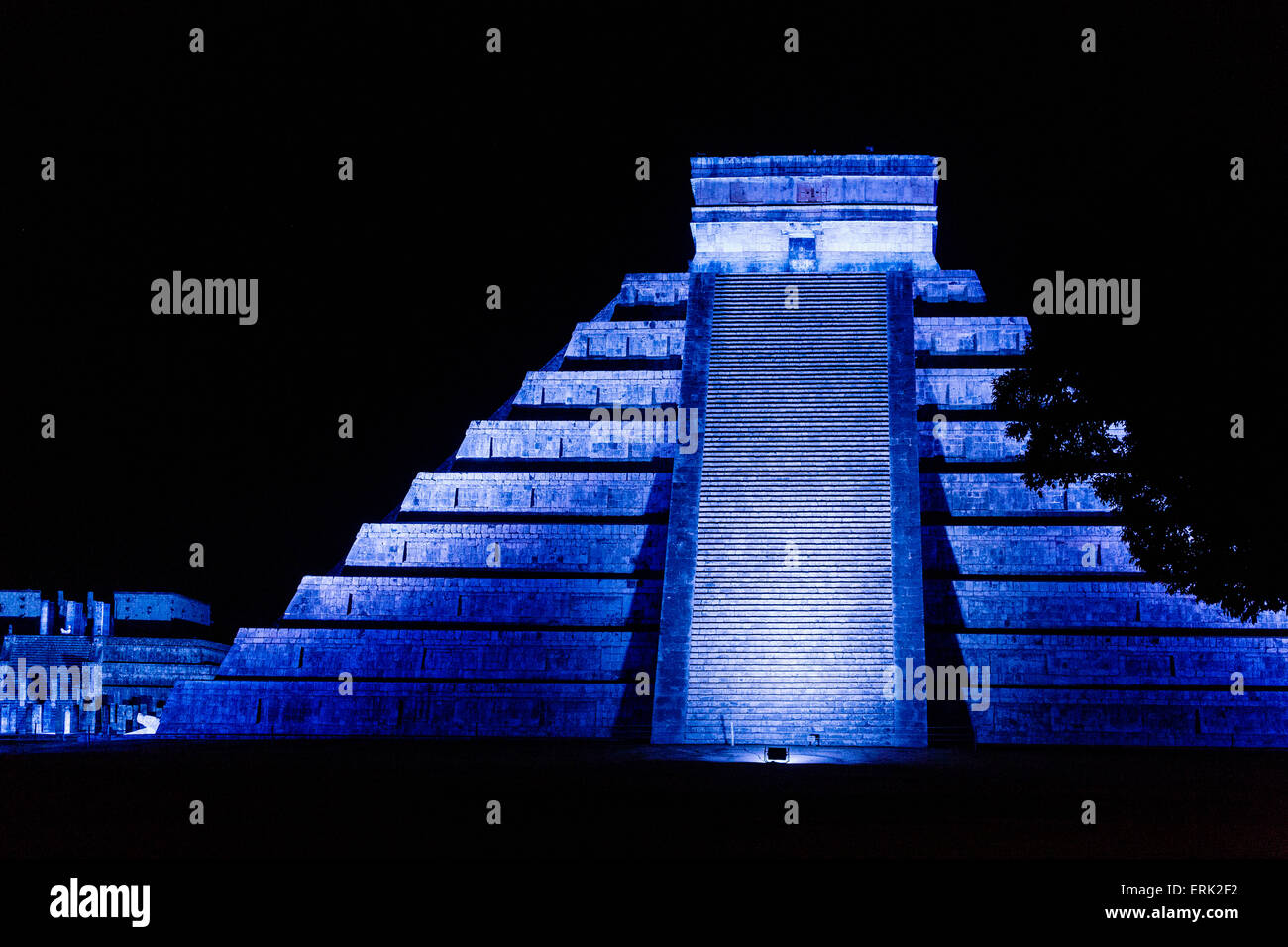 Ancient Mayan Pyramid at night illuminated with blue light; Chichen ...