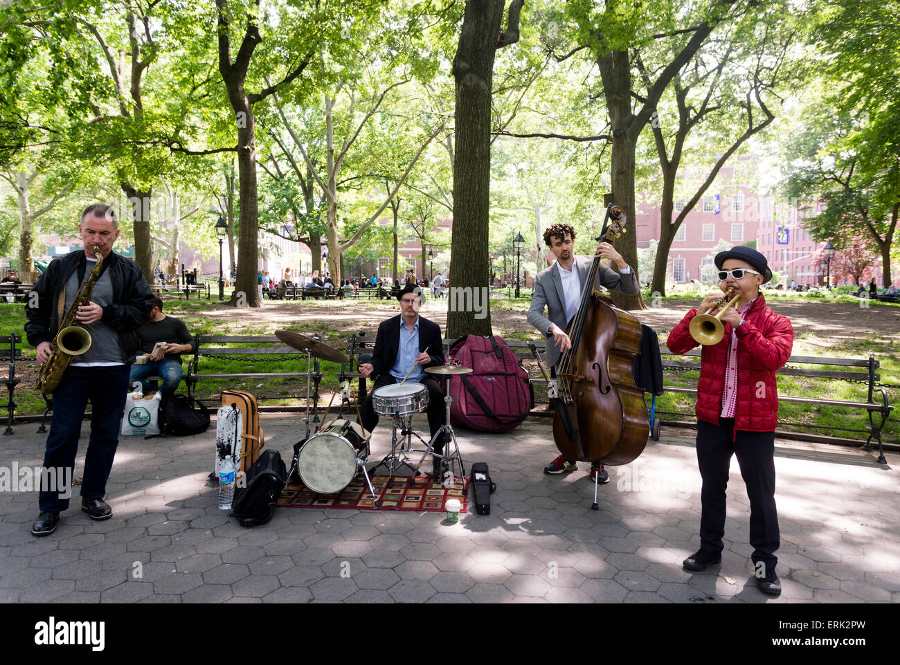 New York, NY 3 June 2015 Jazz band busking in Washington Square Park ...