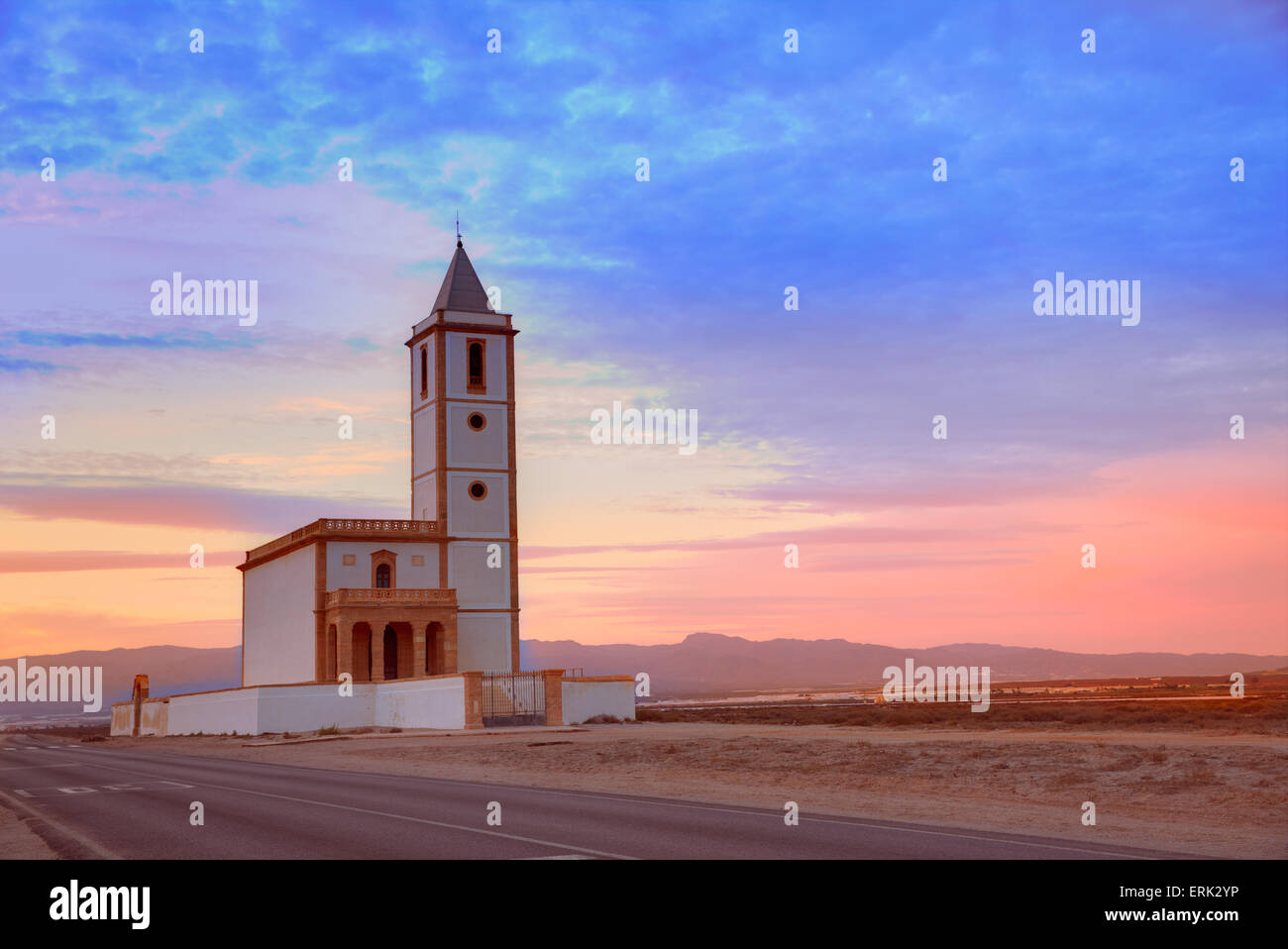 Almeria Cabo de Gata Salinas church sunset in San Miguel Beach at Spain ...