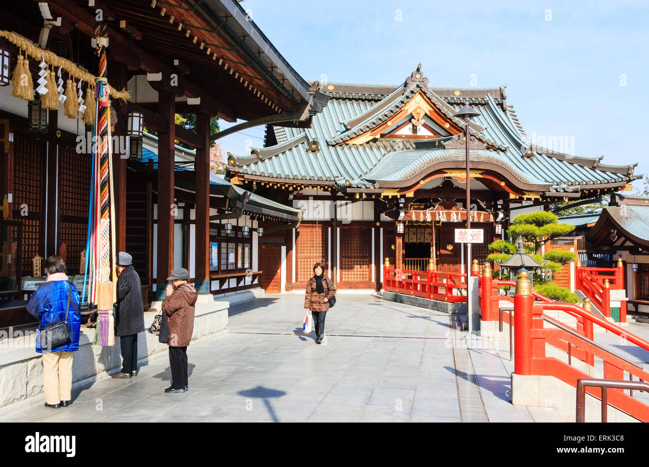 Japan, Nishinomiya, Mondo Yakujin Temple. View along Haiden, main hall ...