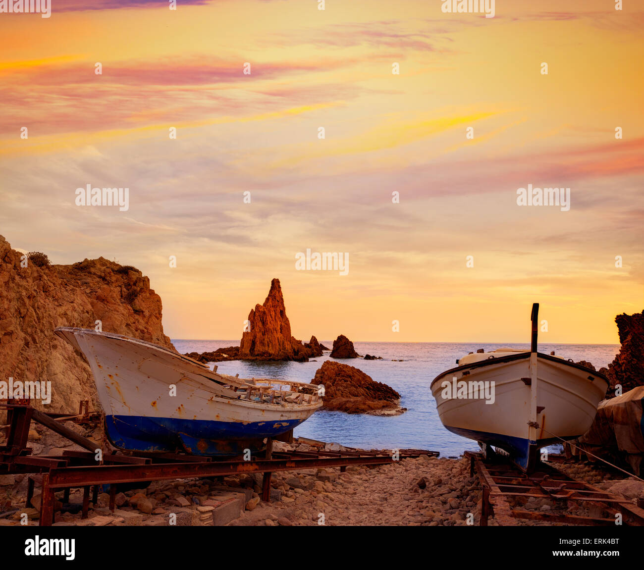 Almeria Cabo de Gata las Sirenas sunset rocks in Mediterranean sea of ...