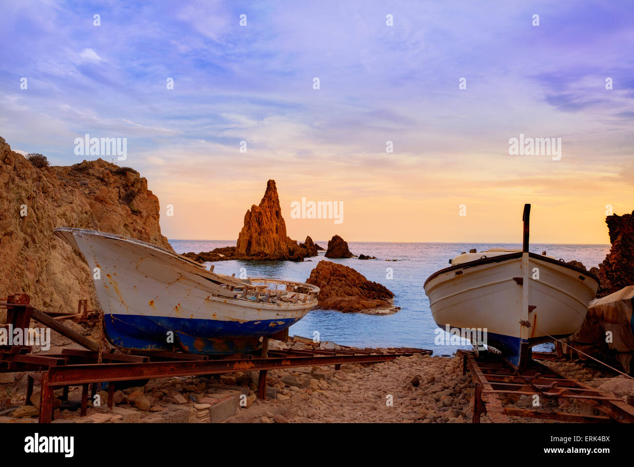 Almeria Cabo de Gata las Sirenas sunset rocks in Mediterranean sea of ...