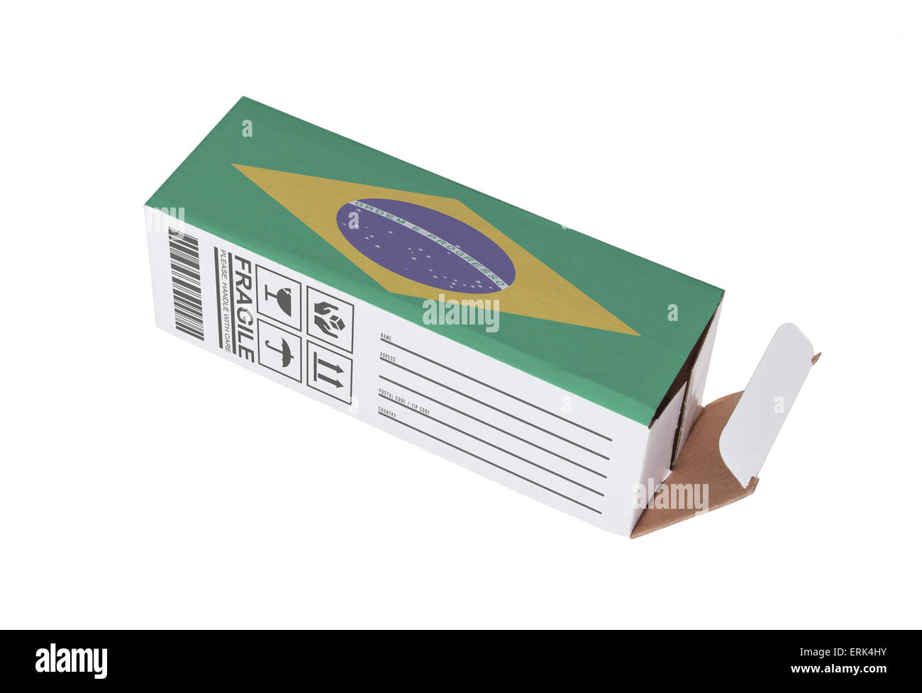 Concept of export, opened paper box - Product of Brazil Stock Photo - Alamy