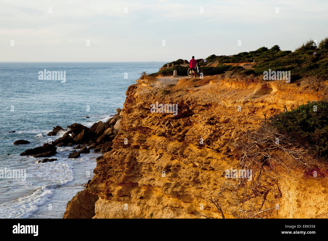 A male cyclist stands on the cliff ledge looking out to the ocean ...