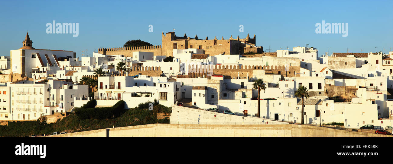 White buildings and castle; Vejer de la Frontera, Andalusia, Spain ...