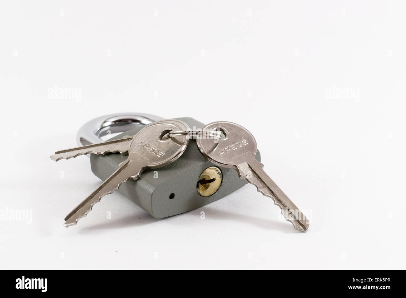 Single grey locked padlock with three silver keys Stock Photo - Alamy
