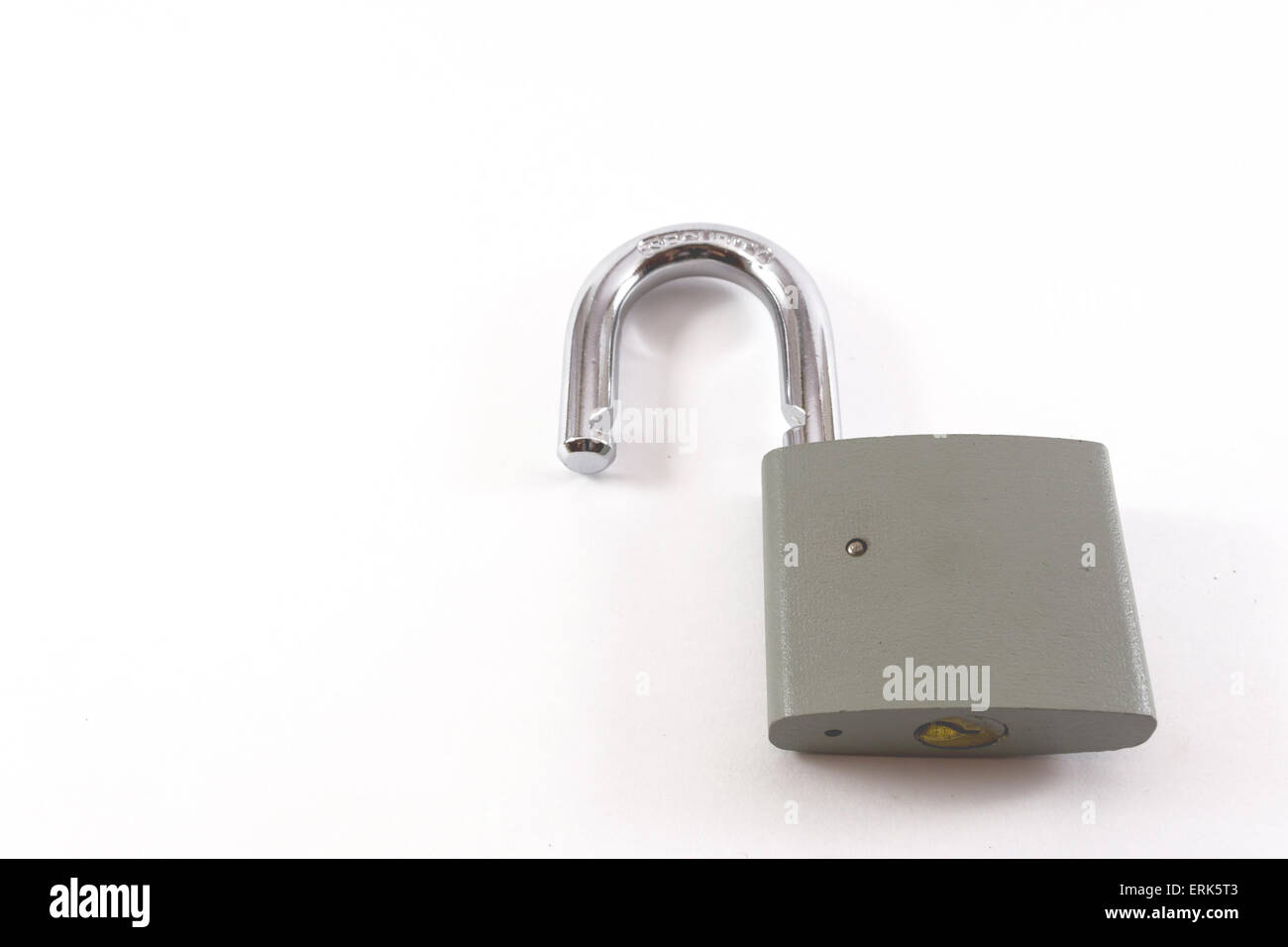 Solitary grey metal open padlock on a white isolated background Stock ...