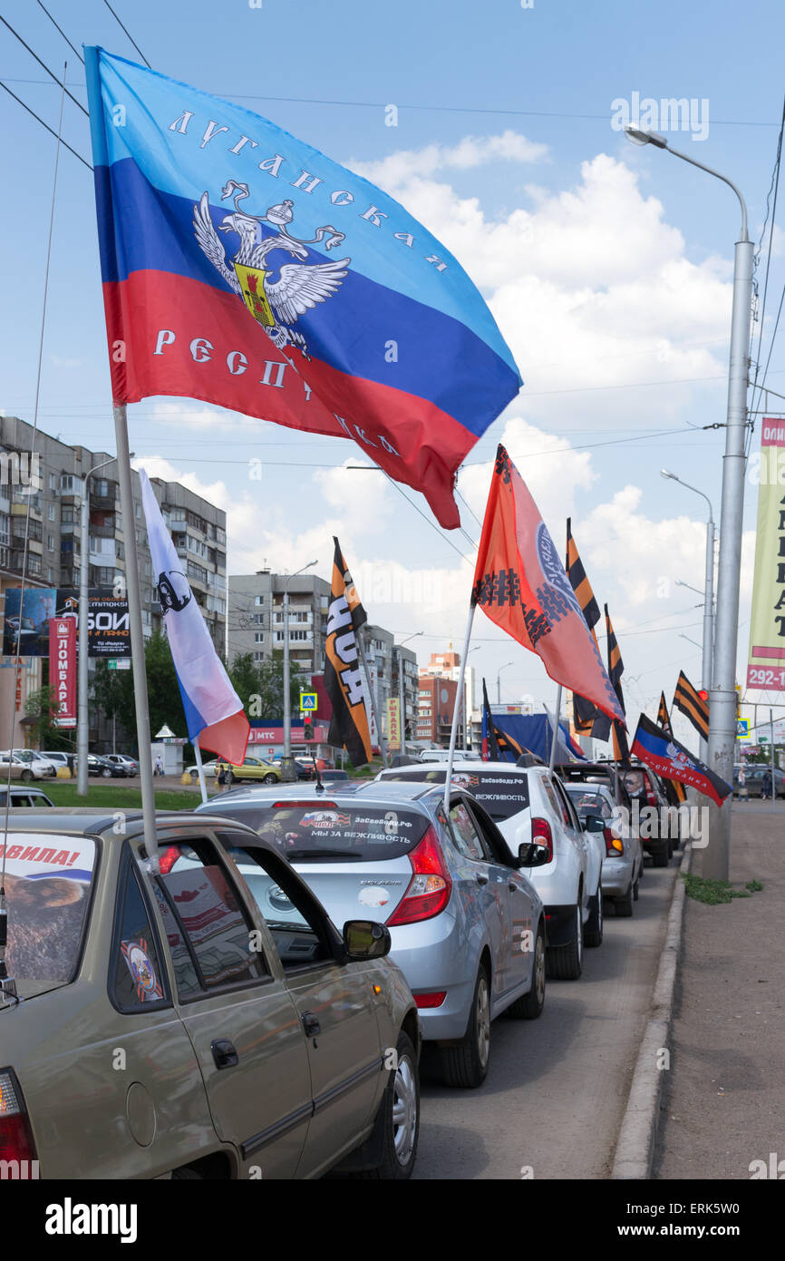 NOD demonstration cars displaying the flag of St George in Ufa Russia ...