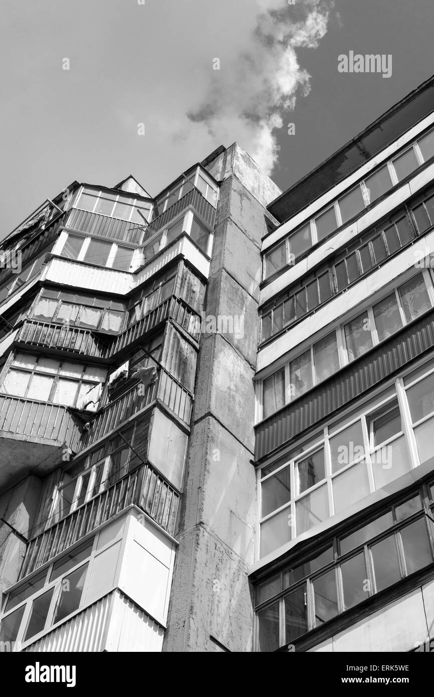 Old style Russian soviet style housing block in Ufa Russia in Black and ...