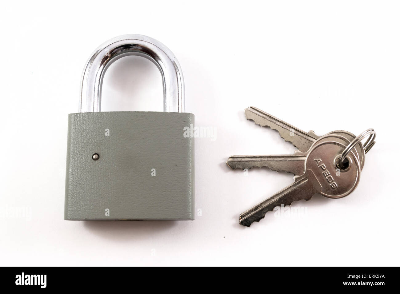Grey metal padlock locked with three metal keys on white background ...
