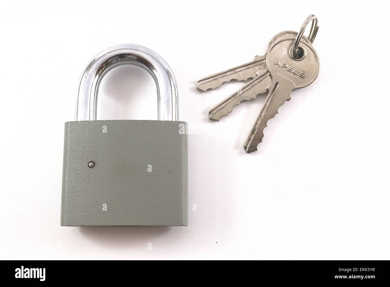 Grey metal padlock locked with three metal keys on white background ...