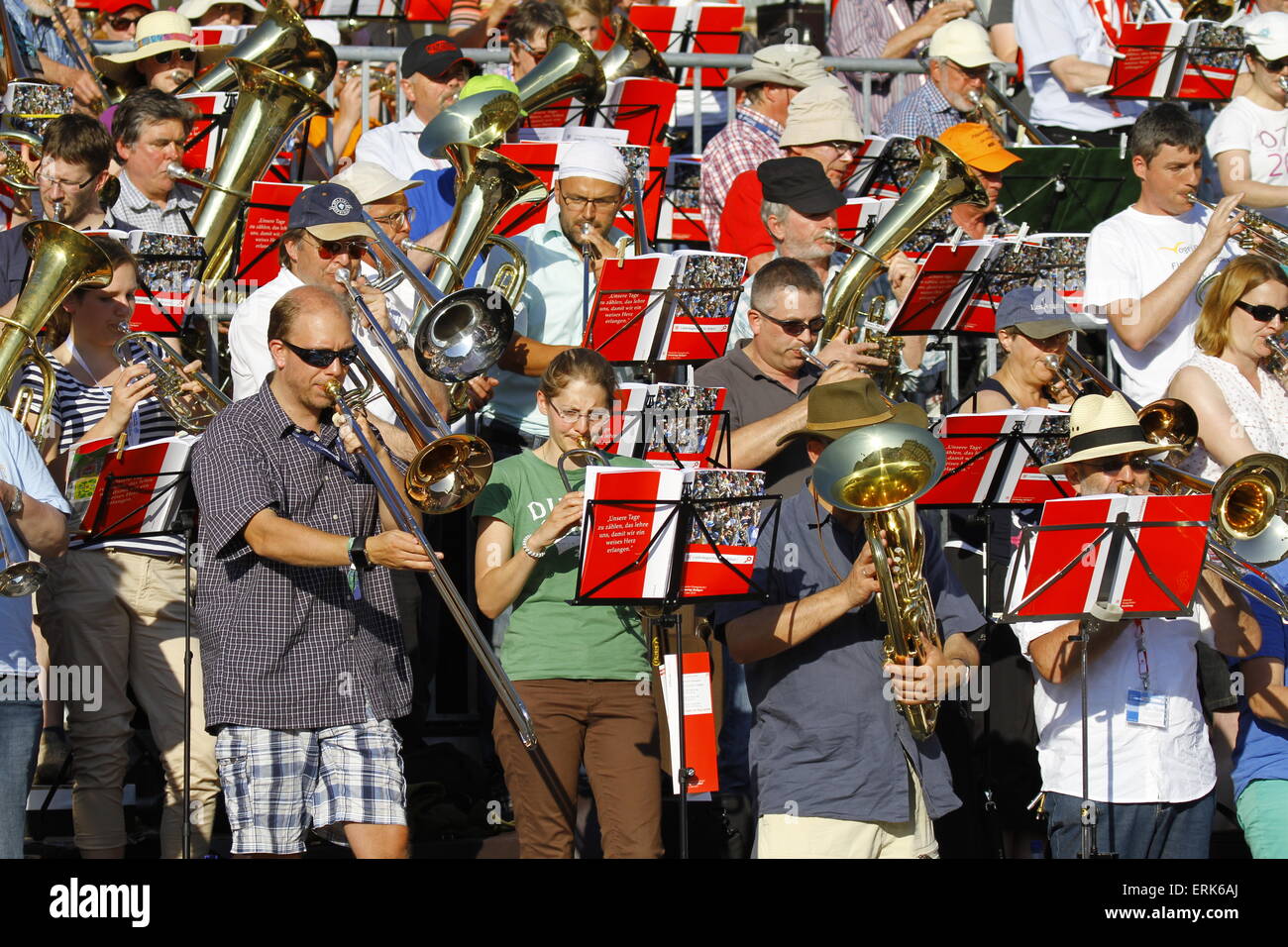 Stuttgart, Germany. 03rd June, 2015. A large brass orchestra with ...