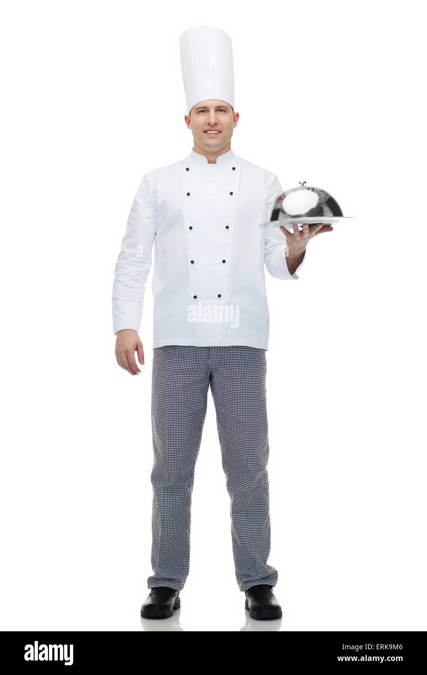 happy male chef cook holding cloche Stock Photo - Alamy