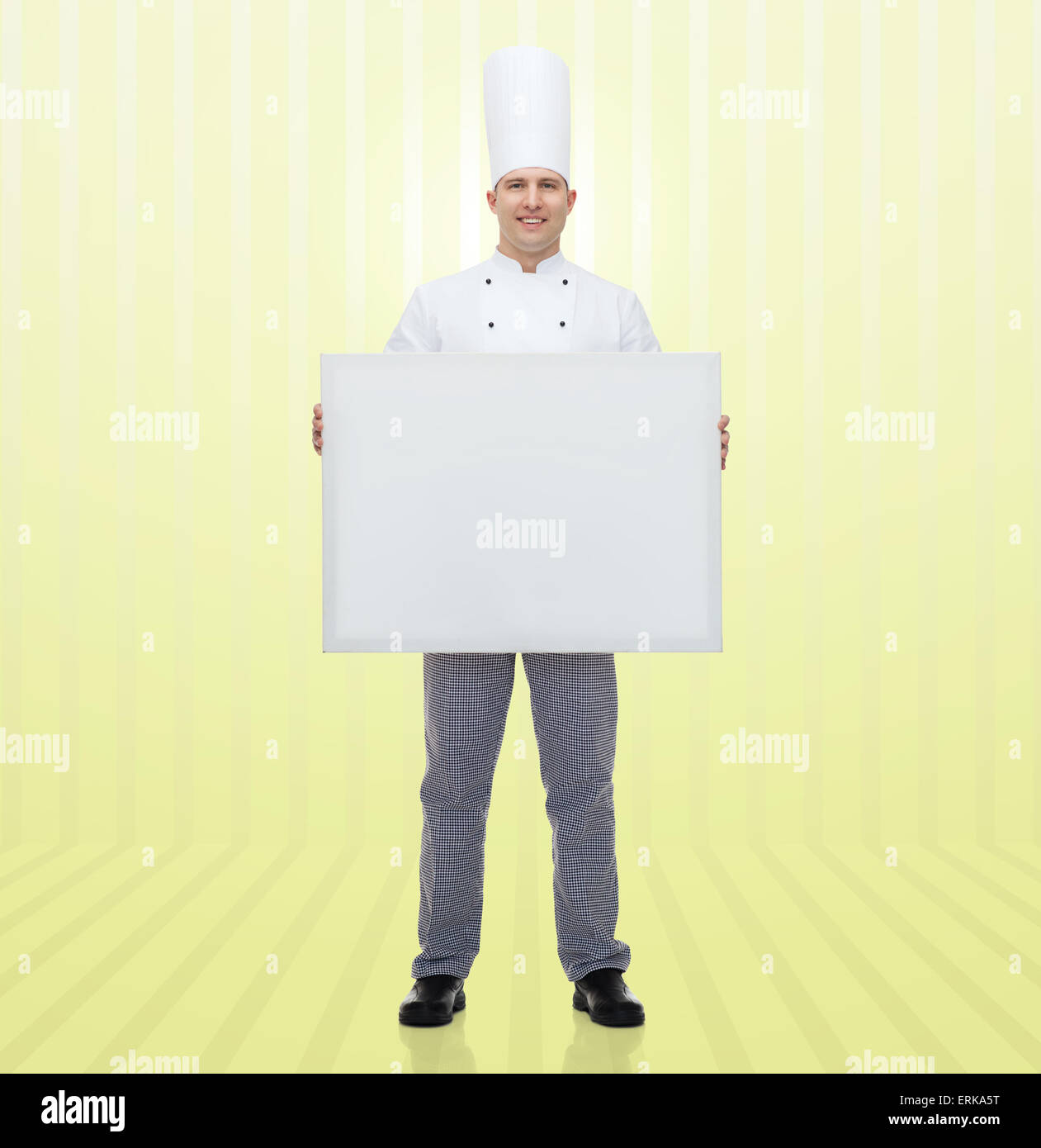 happy male chef cook holding white blank big board Stock Photo - Alamy