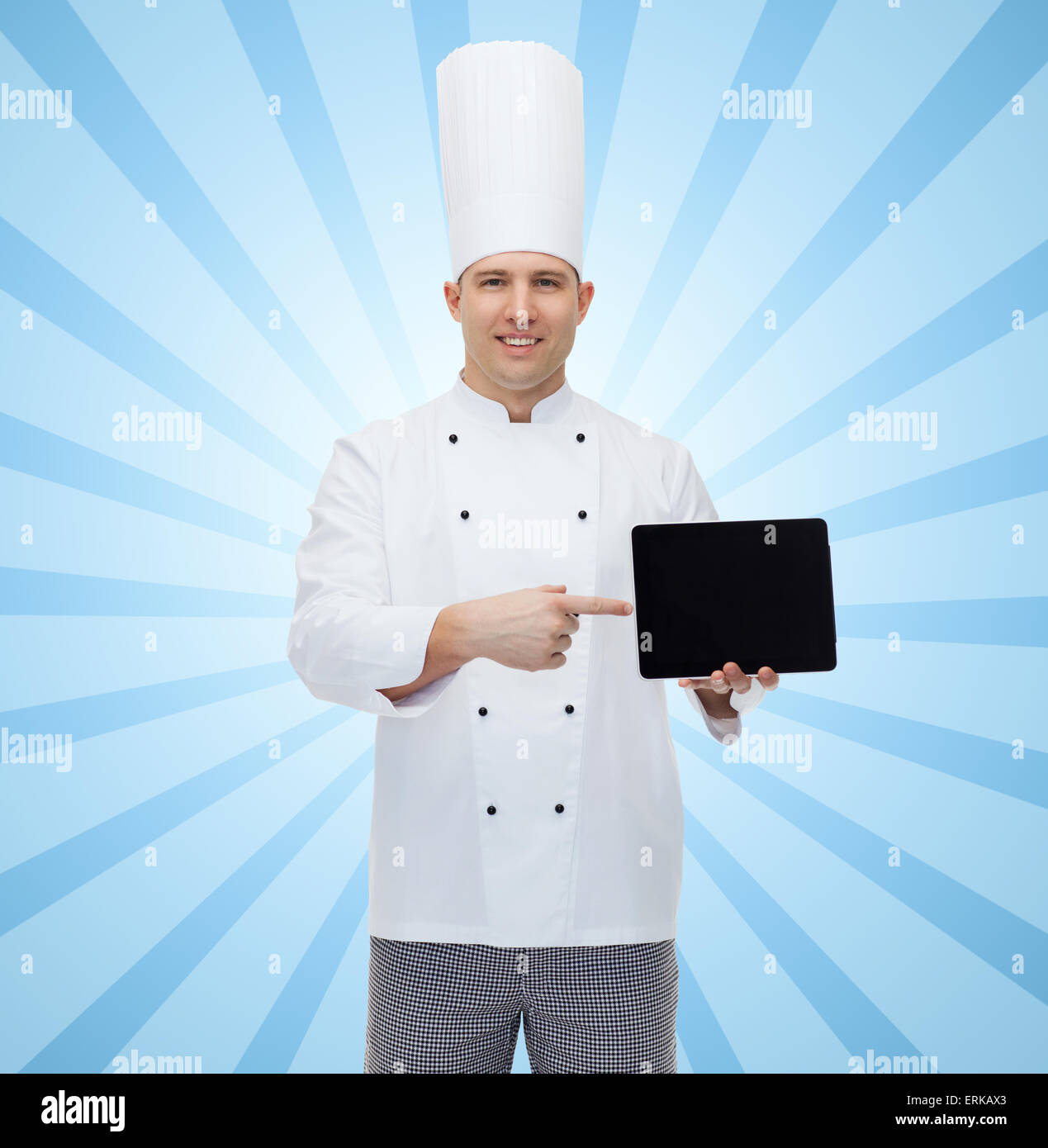 happy male chef cook showing with tablet pc Stock Photo - Alamy