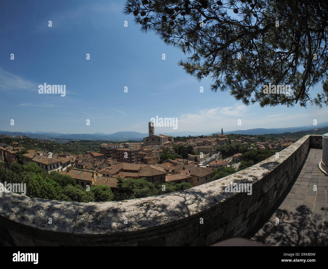 Landscape of the medieval town of Perugia, taken with a fisheye Stock ...