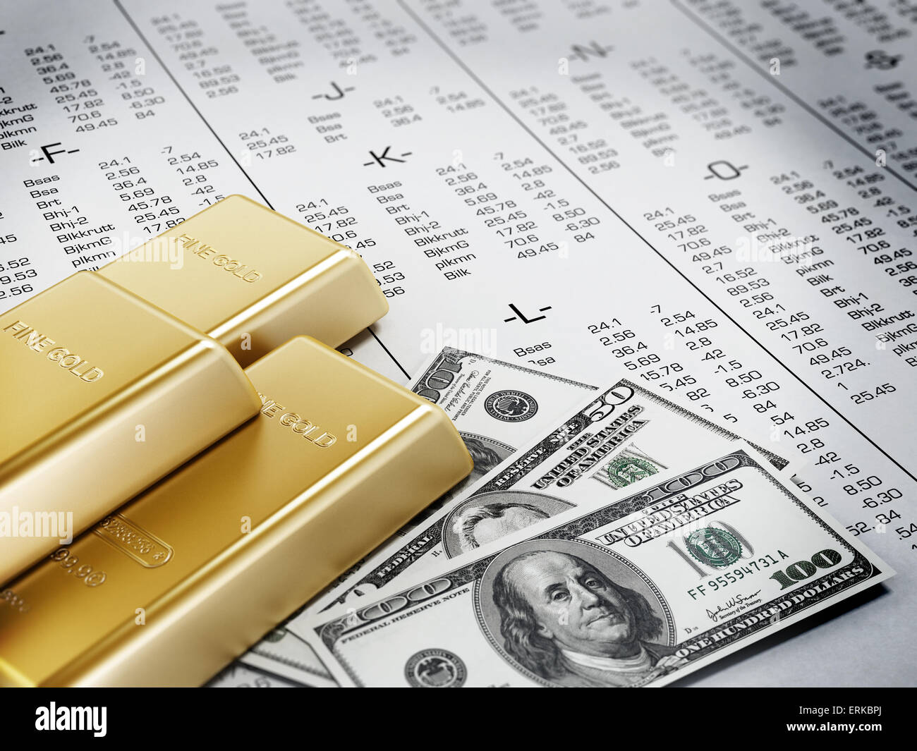 Money and gold on stock market page Stock Photo - Alamy