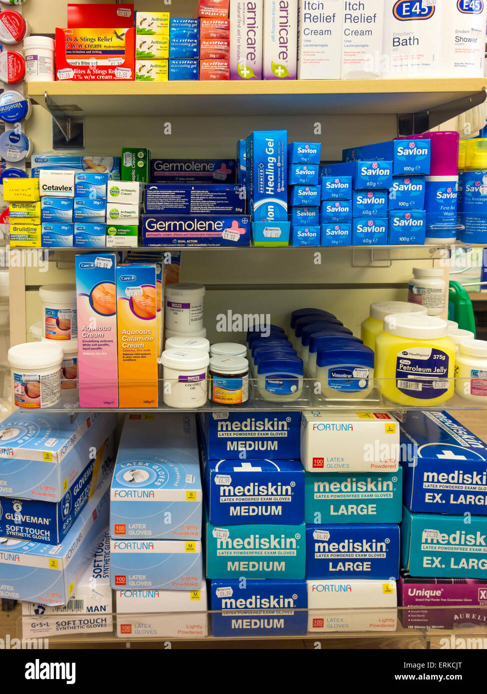 Display of creams and other treatment for minor injuries and skin ...