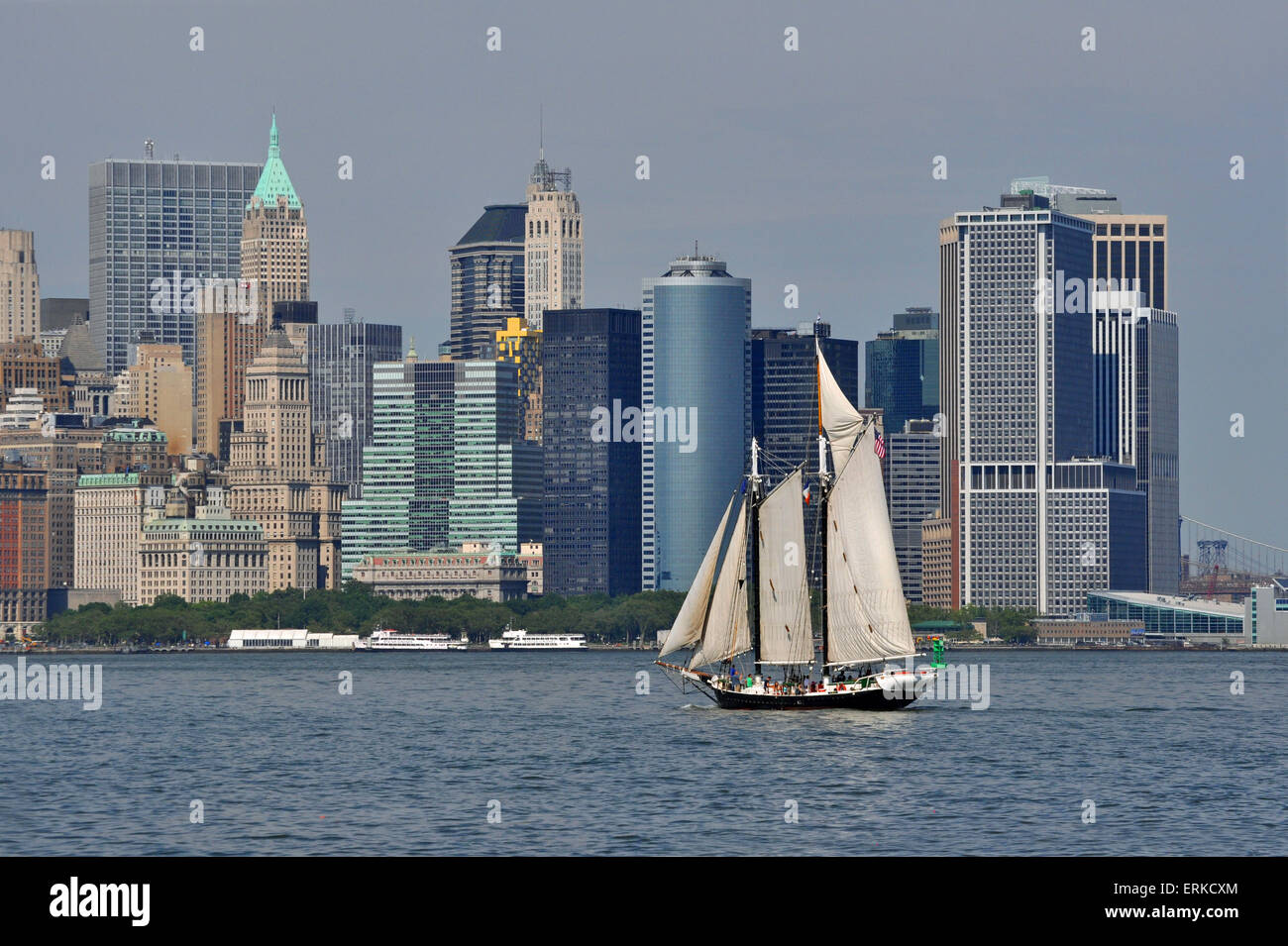 Sail ship on Hudson River in front of South Manhattan sky scrapers ...