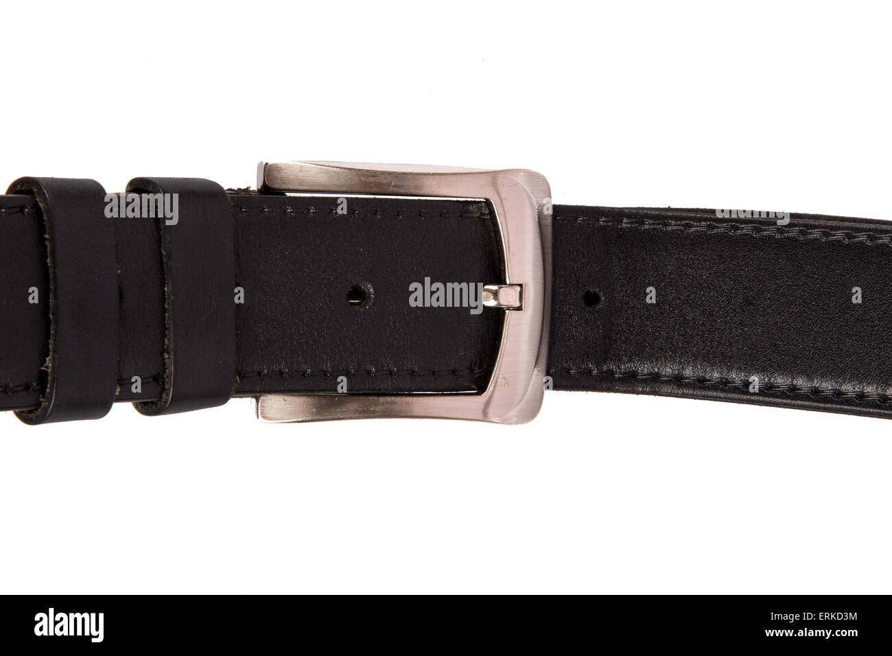 Close up detailed front view of black tighten leather belt with buckle ...