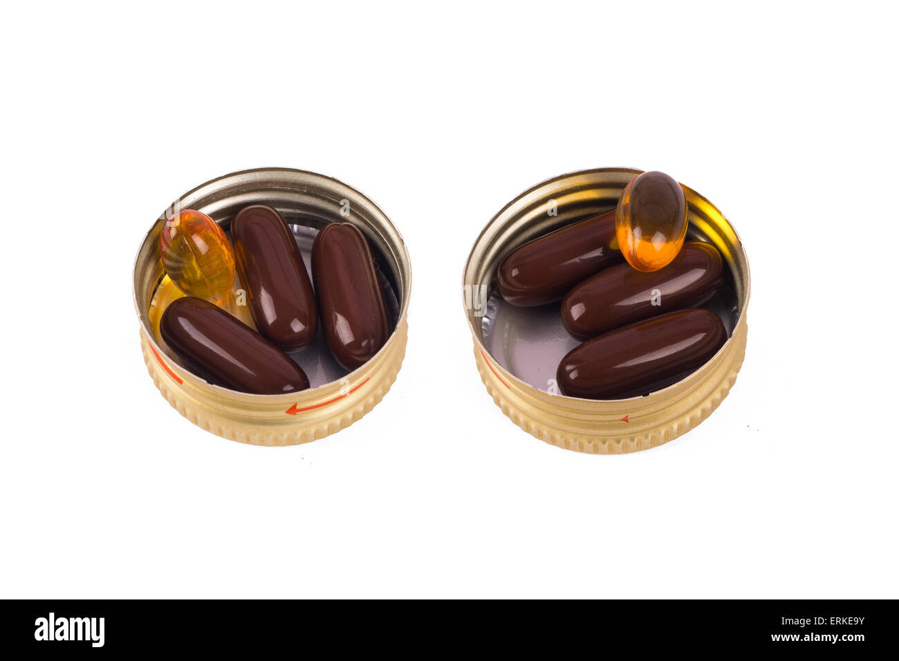 Close-up medical bottle cap and pills inside with top view, isolated on ...