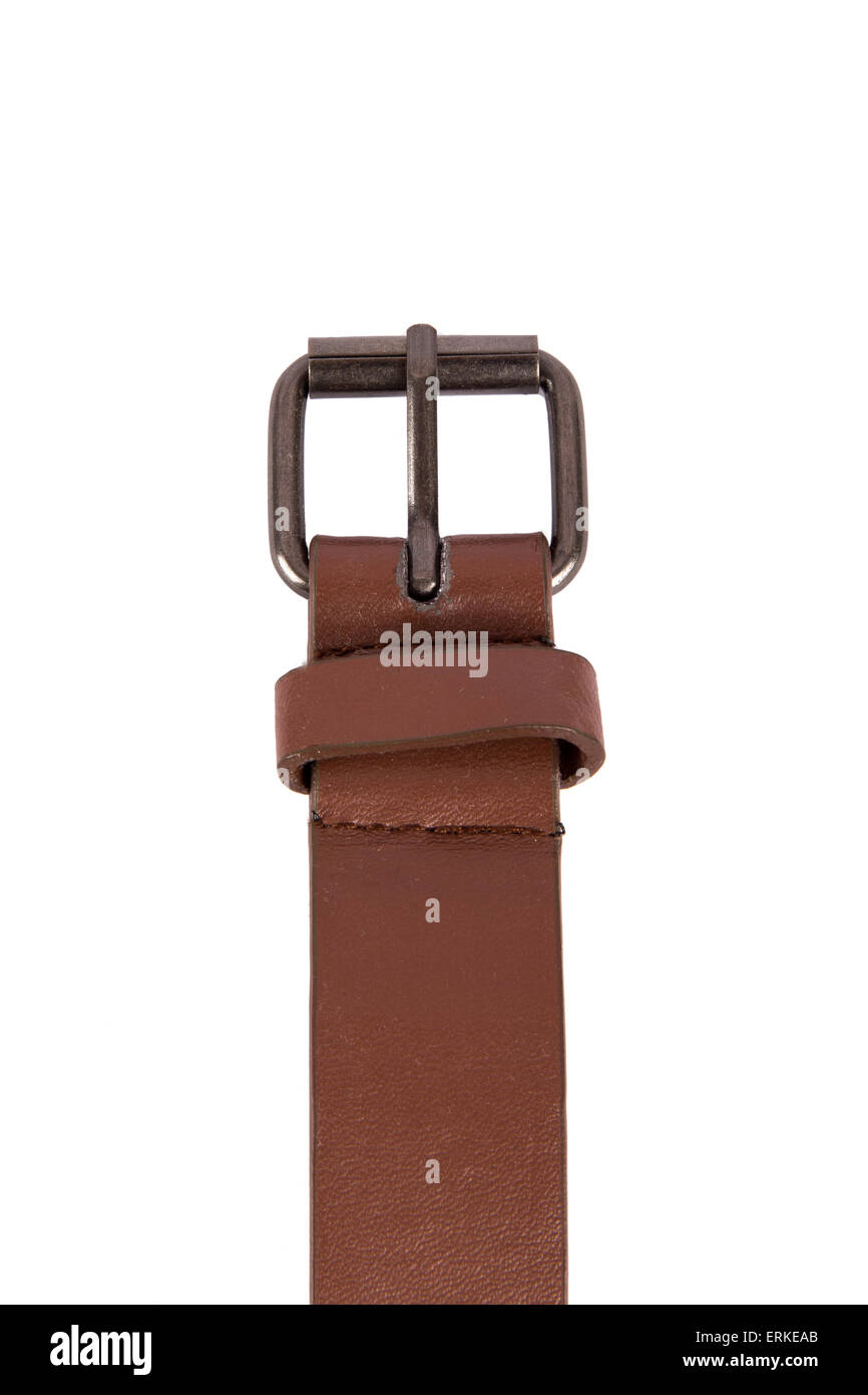 Close up detailed front view of brown fabric belt buckle, isolated on ...